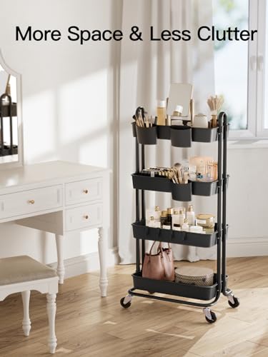 Pipishell 4-Tier Rolling Cart, Utility Cart with Lockable Casters, PP Plastic Storage Baskets, Hanging Cups & Hooks, Rolling Cart for Living Room, Bedroom, Kitchen, Bathroom, Art Studio(Black)