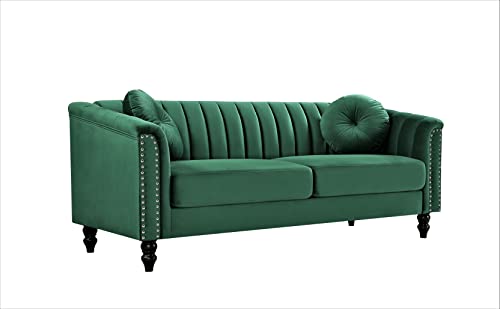 Container Direct 75'' Mid-Century Modern Velvet Sofa Chesterfield Inspired Luxury 3 Seater Couch for Living Room with Removable Cushions and Turned Wood Legs, Green