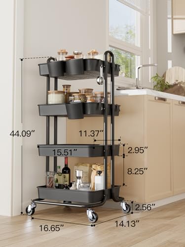 Pipishell 4-Tier Rolling Cart, Utility Cart with Lockable Casters, PP Plastic Storage Baskets, Hanging Cups & Hooks, Rolling Cart for Living Room, Bedroom, Kitchen, Bathroom, Art Studio(Black)