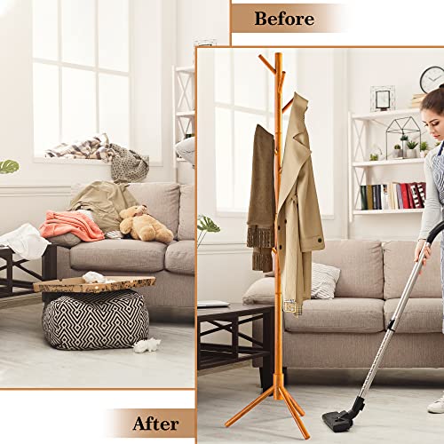 NicQliear Wooden Freestanding Coat Rack with 9 Hooks, Adjustable Coat Rack Stand to Hang Clothes/Bags/Hats, Standing Coat Tree Perfect for Bedroom/Entryway/Hallway
