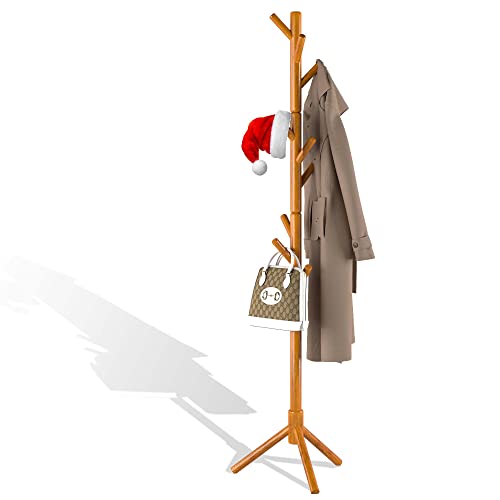 NicQliear Wooden Freestanding Coat Rack with 9 Hooks, Adjustable Coat Rack Stand to Hang Clothes/Bags/Hats, Standing Coat Tree Perfect for Bedroom/Entryway/Hallway