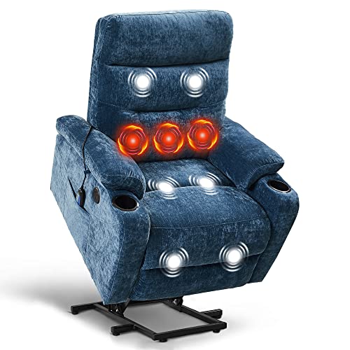 Electric Power Lift Recliner Chair, Vibration Massage Heated Chair for Elderly, Fabric Single Chair with 2 Side Pockets, Lounge Chair with 2 Cup Holders,1 USB Charge Port for Living Room