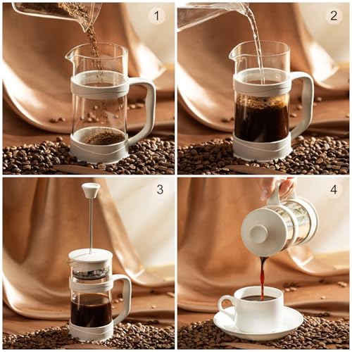 PARACITY French Press Coffee/Tea Maker, Camping Mini Coffee/Tea Press of 304 Stainless Steel Filter and Heat Resistant Glass, Cold Brew Coffee Maker 11.8OZ for Travel& Home Gift(White)