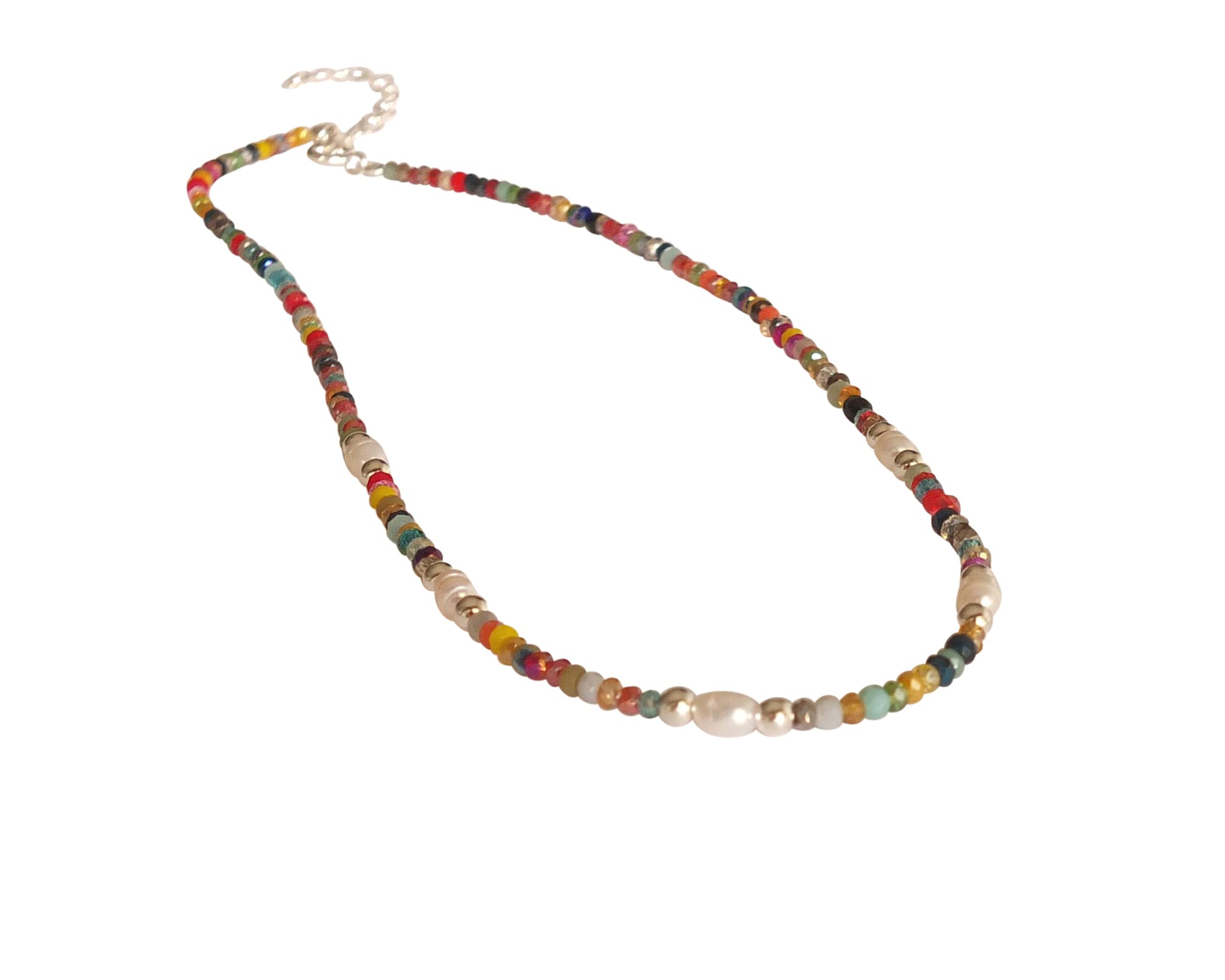 925 Sterling Silver Color Glass Beaded & Pearls & Silver Balls Choker Necklace for women, Length 14-16.5 inches / 36-42CM - Adjustable Small Dainty Necklace | Handmade by MiYa Jewelry creations