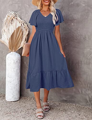 MEROKEETY Women's V Neck Smocked Midi Dress Ruffle Sleeve Elastic Waist Flowy Dress with Pockets, Dustyblue, M