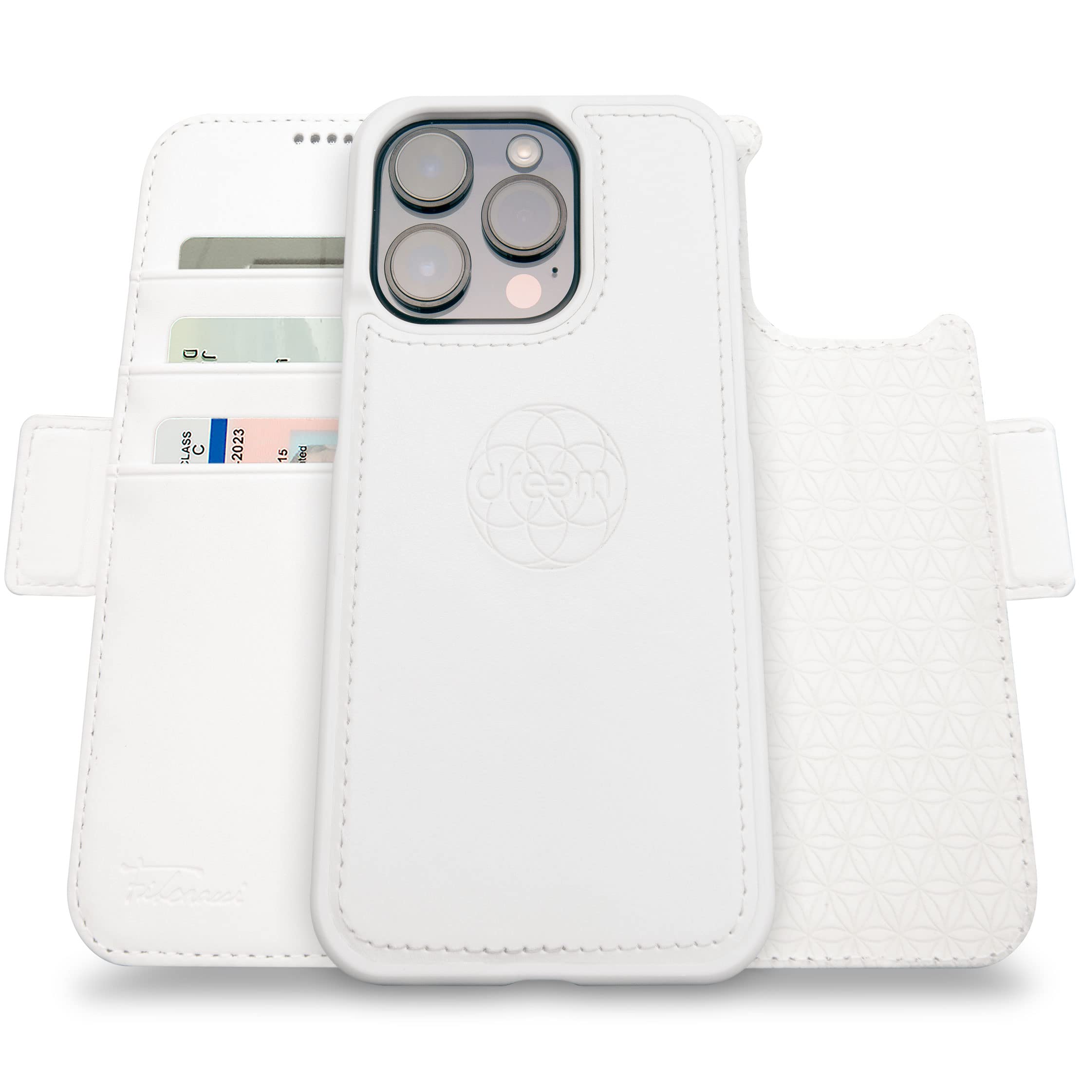 Dreem Fibonacci Wallet Case for iPhone 14 Pro | 2-in-1 Detachable Vegan Leather Cover with Built-in Kick-Stand, RFID Blocking Card Holder, MagSafe Compatible [White]