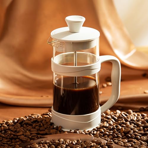 PARACITY French Press Coffee/Tea Maker, Camping Mini Coffee/Tea Press of 304 Stainless Steel Filter and Heat Resistant Glass, Cold Brew Coffee Maker 11.8OZ for Travel& Home Gift(White)