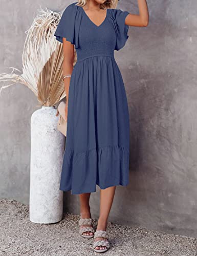 MEROKEETY Women's V Neck Smocked Midi Dress Ruffle Sleeve Elastic Waist Flowy Dress with Pockets, Dustyblue, M