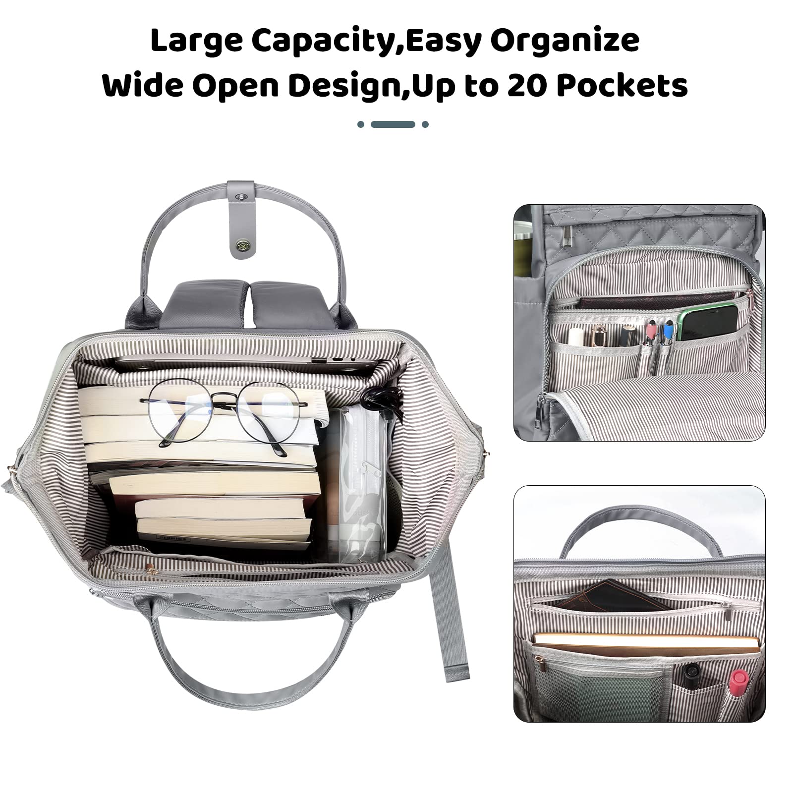 RJEU Women Backpack,Work Computer Bag for Nurse Teacher with USB Charger,Girls High School Backpack Cute Laptop Tote Backpack for Travel Office,Grey