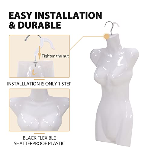 4-Packs Female Mannequin Body Set, 27 inches Height Hanging Mannequin Torso with Hook Plastic Half Dress Form for Clothing, Accessories, Shirt Display (White)