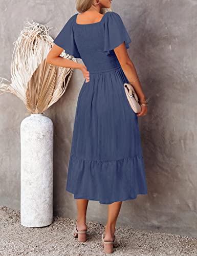 MEROKEETY Women's V Neck Smocked Midi Dress Ruffle Sleeve Elastic Waist Flowy Dress with Pockets, Dustyblue, M