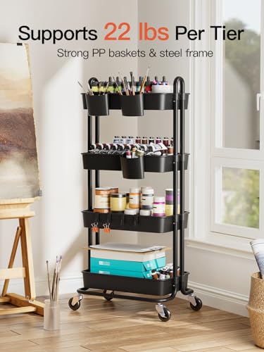 Pipishell 4-Tier Rolling Cart, Utility Cart with Lockable Casters, PP Plastic Storage Baskets, Hanging Cups & Hooks, Rolling Cart for Living Room, Bedroom, Kitchen, Bathroom, Art Studio(Black)