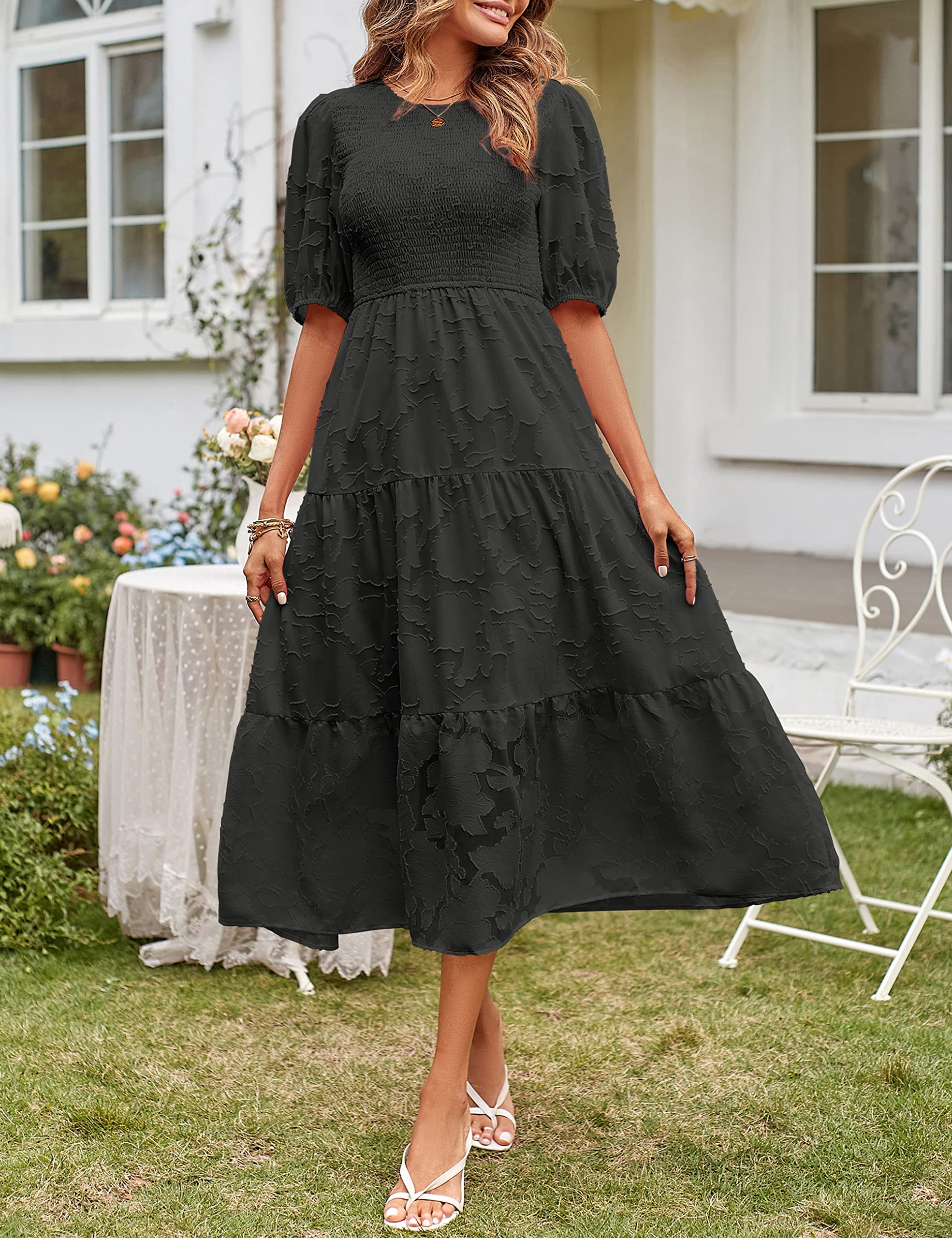 MEROKEETY Women's 2025 Summer Puff Sleeve Smocked Floral Dress Crewneck Lace Flowy Tiered Midi Dresses,Black,M