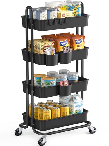 Pipishell 4-Tier Rolling Cart, Utility Cart with Lockable Casters, PP Plastic Storage Baskets, Hanging Cups & Hooks, Rolling Cart for Living Room, Bedroom, Kitchen, Bathroom, Art Studio(Black)