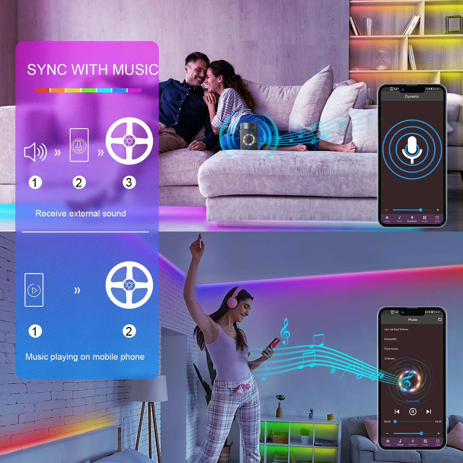 HBOWMDJIA 100ft Led Lights for Bedroom, Led Strip Lights Music Sync Corlor Changing, Led Light Strip with Remote & App Control RGB Strip, Led Lights for Room Dorm Home Classroom Ceiling Decor