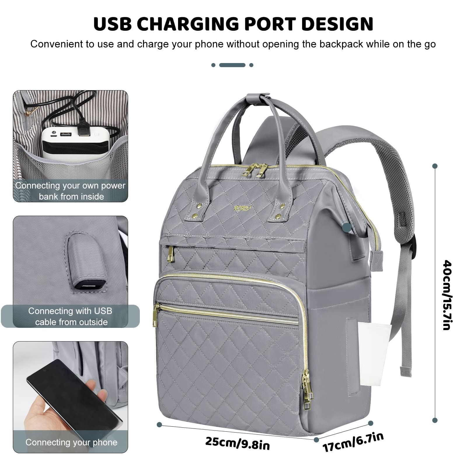RJEU Women Backpack,Work Computer Bag for Nurse Teacher with USB Charger,Girls High School Backpack Cute Laptop Tote Backpack for Travel Office,Grey