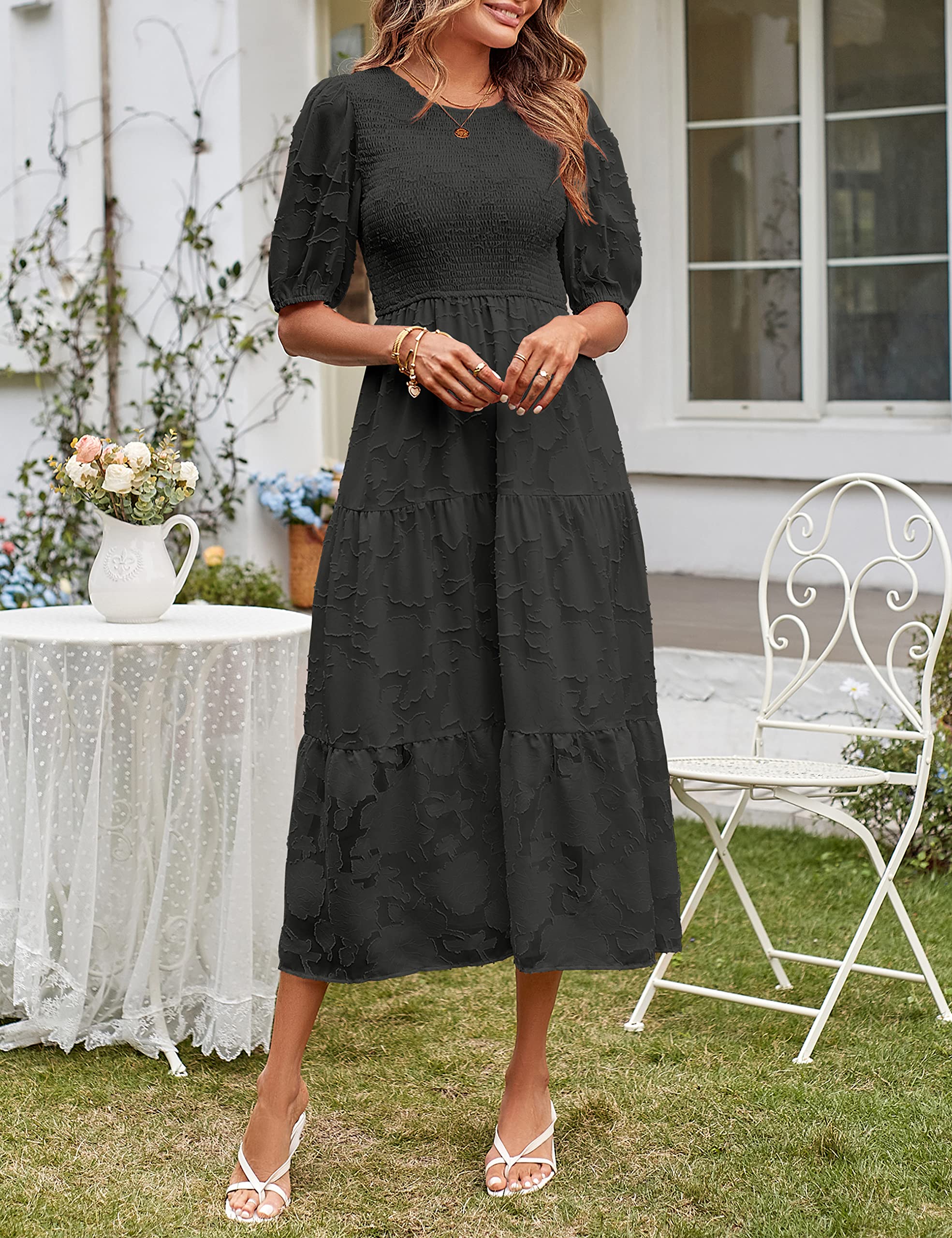 MEROKEETY Women's 2025 Summer Puff Sleeve Smocked Floral Dress Crewneck Lace Flowy Tiered Midi Dresses,Black,M