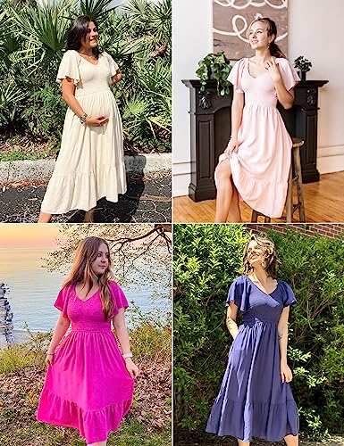 MEROKEETY Women's V Neck Smocked Midi Dress Ruffle Sleeve Elastic Waist Flowy Dress with Pockets, Dustyblue, M
