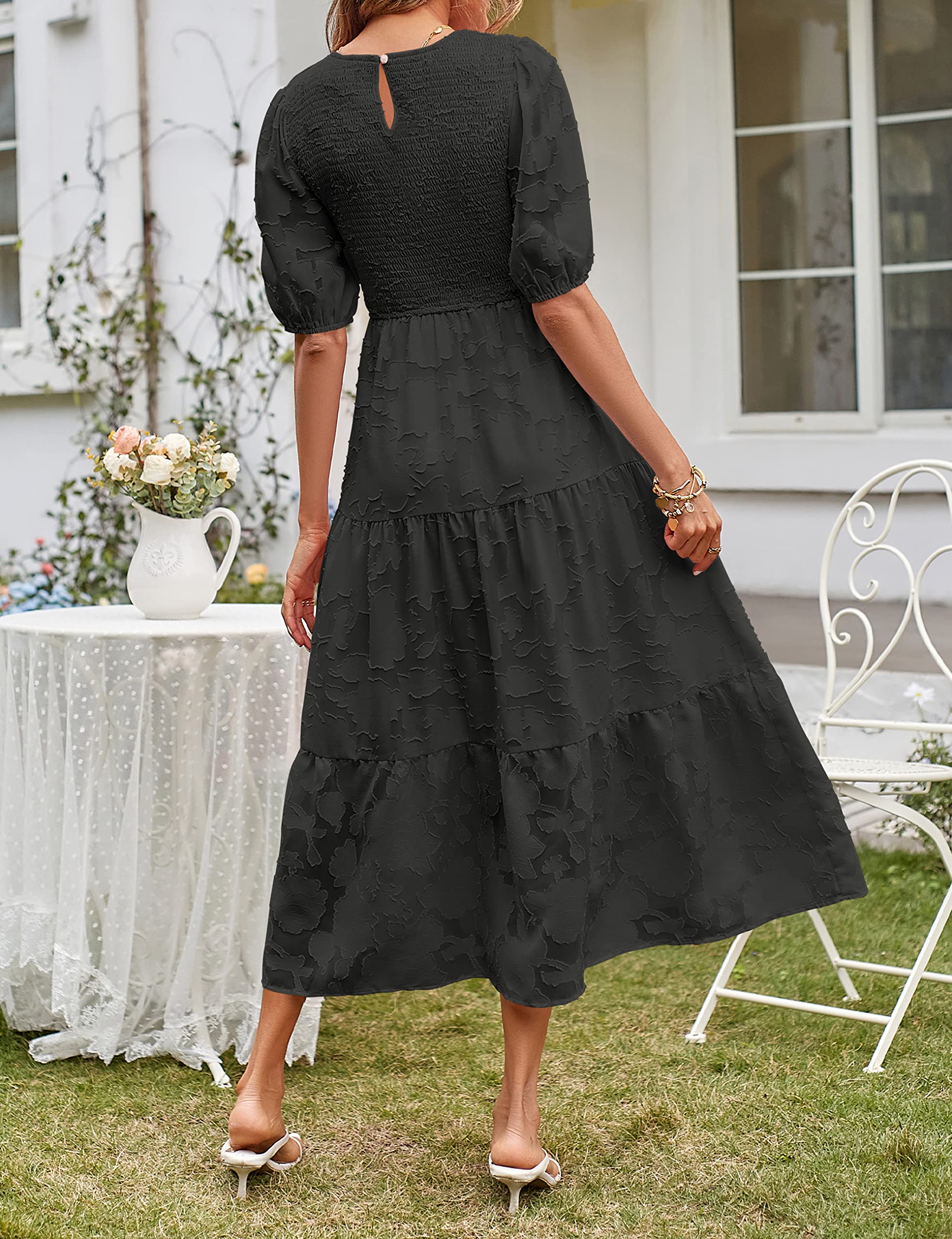 MEROKEETY Women's 2025 Summer Puff Sleeve Smocked Floral Dress Crewneck Lace Flowy Tiered Midi Dresses,Black,M