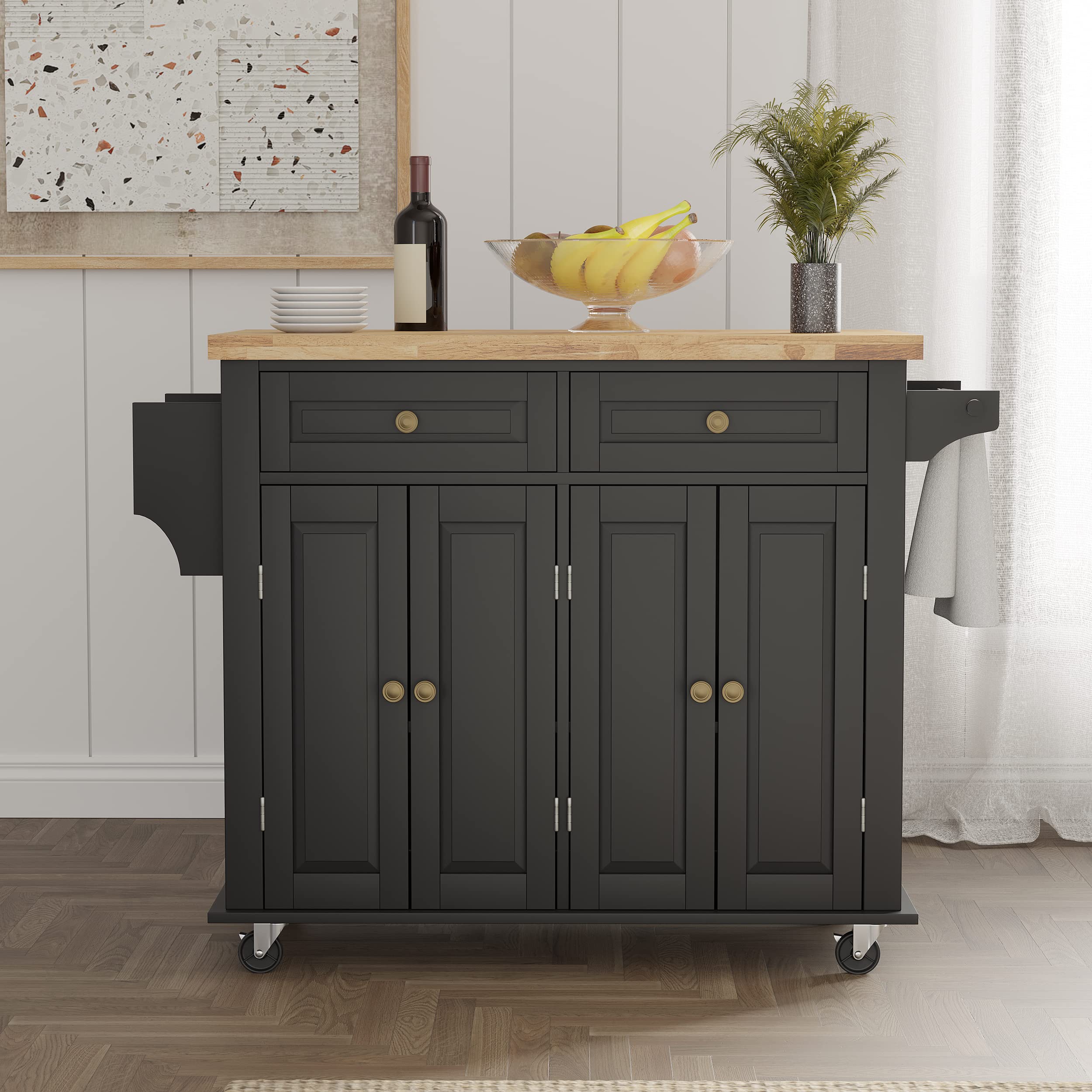 Squireewo Kitchen Cart with Rubber Wood Top Breakfast Bar, Rolling Mobile Kitchen Island Table on Wheels with Drawer and Storage Cabinet, Spice Rack, Towel Rack, Black
