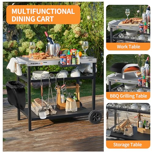 PIZZELLO Outdoor Grill Cart Three-Shelf Pizza Oven Stand Table with Wheels Dining Cart Table for Outside Patio, Movable Kitchen Cooking Prep Table BBQ Cart with 34"x 21" Stainless Steel Tabletop