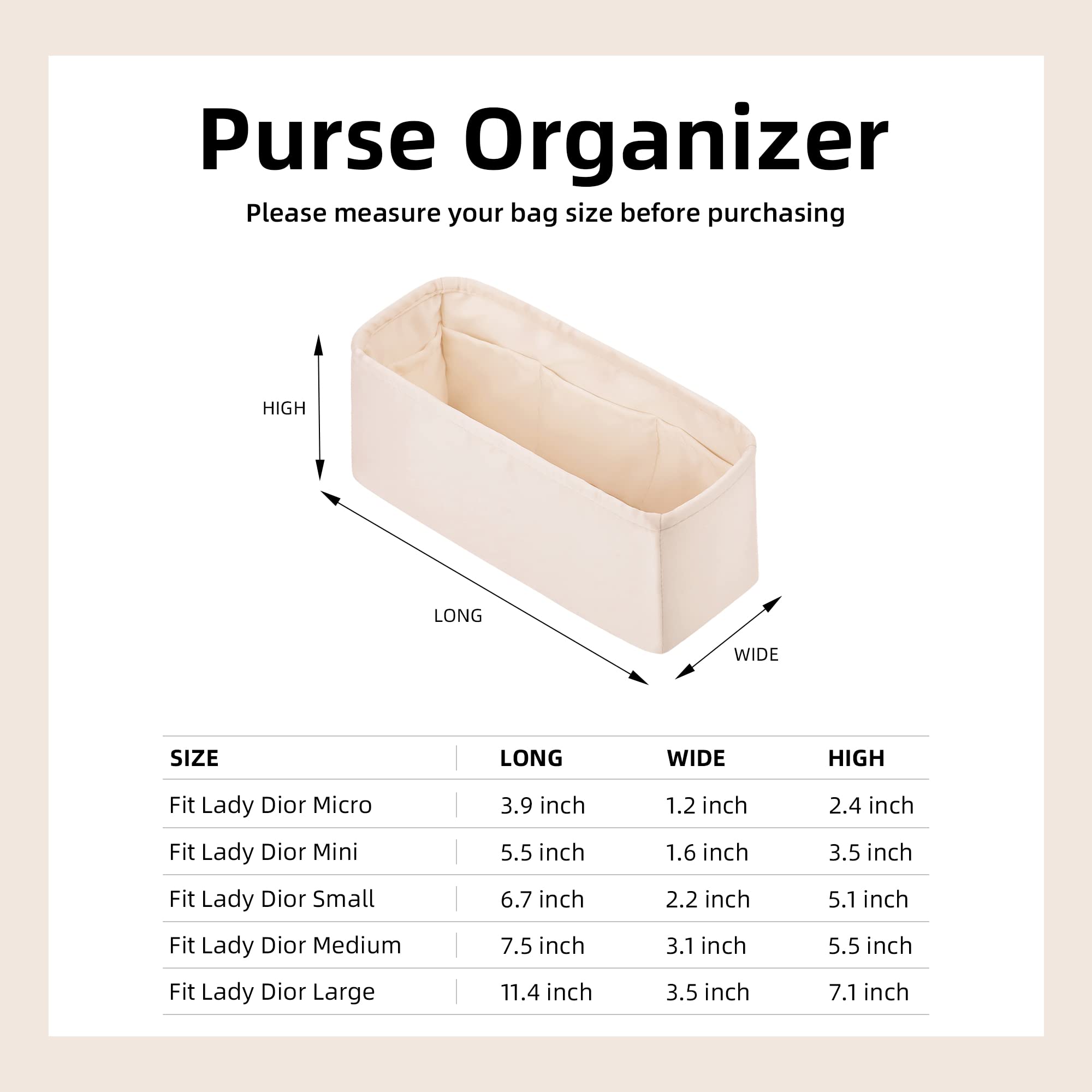 DGAZ Silk Purse Organizer Insert For Lady-Dior Micro/Mini/S/M/L bags,Silky Smooth Bag Organizer,Luxury Handbag & Tote Shaper(Craie,M)