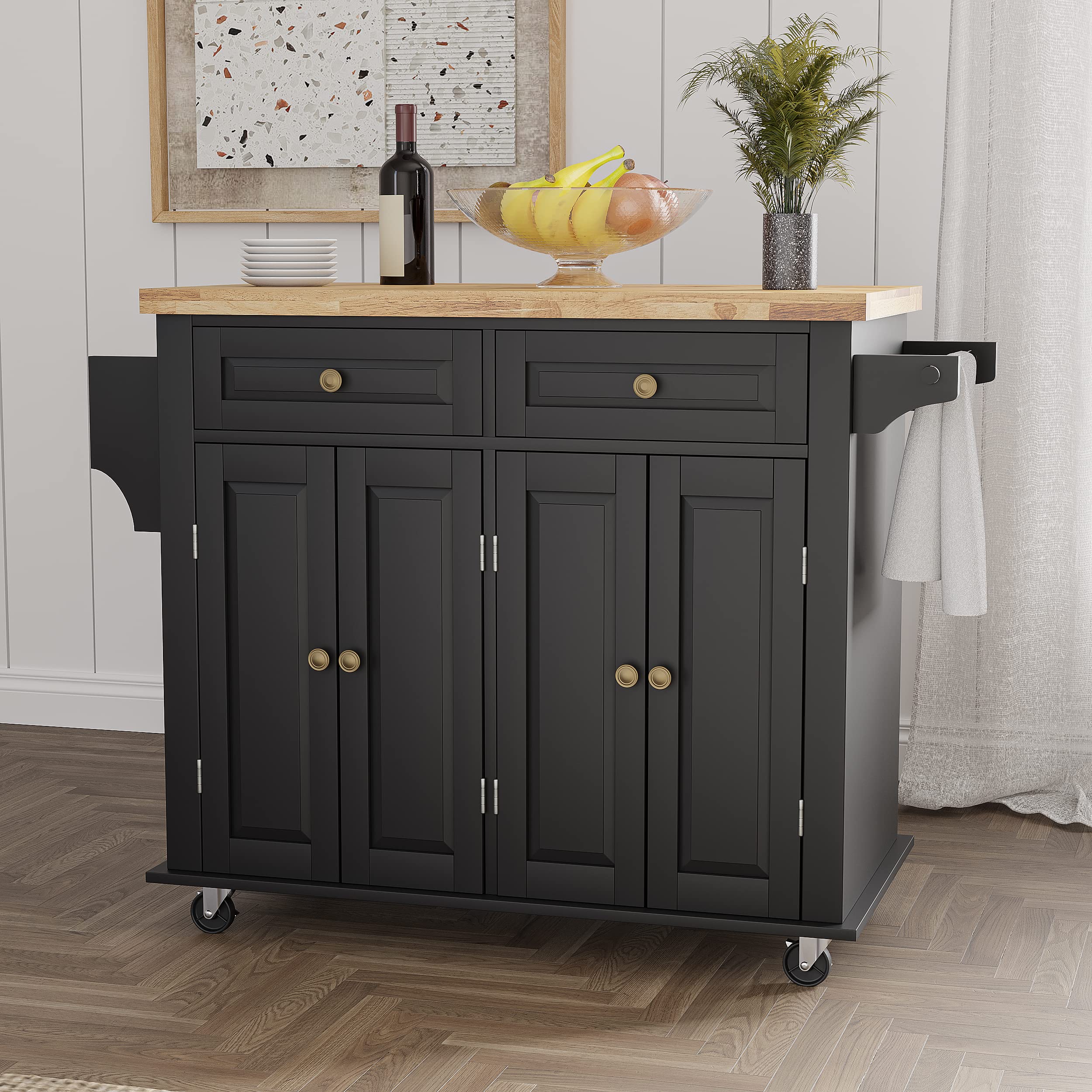 Squireewo Kitchen Cart with Rubber Wood Top Breakfast Bar, Rolling Mobile Kitchen Island Table on Wheels with Drawer and Storage Cabinet, Spice Rack, Towel Rack, Black