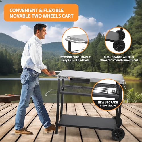 PIZZELLO Outdoor Grill Cart Three-Shelf Pizza Oven Stand Table with Wheels Dining Cart Table for Outside Patio, Movable Kitchen Cooking Prep Table BBQ Cart with 34"x 21" Stainless Steel Tabletop