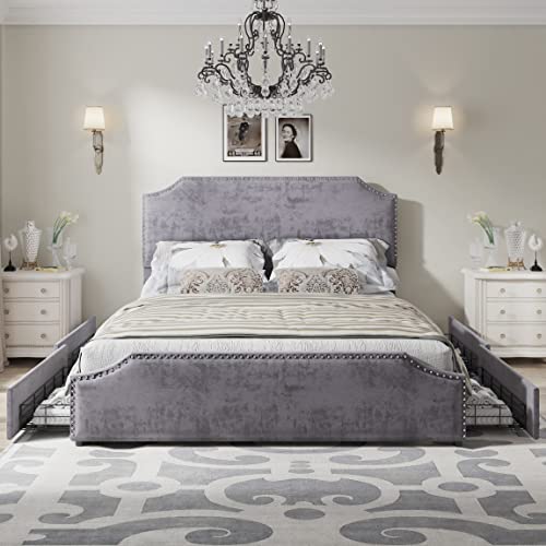 AMERLIFE King Size Bed Frame with 4 Storage Drawers and Headboard, King Velvet Upholstered Platform Bed with Rivet Curved Adjustable Headboard/Strong Wooden Slats/Easy Assembly/Grey