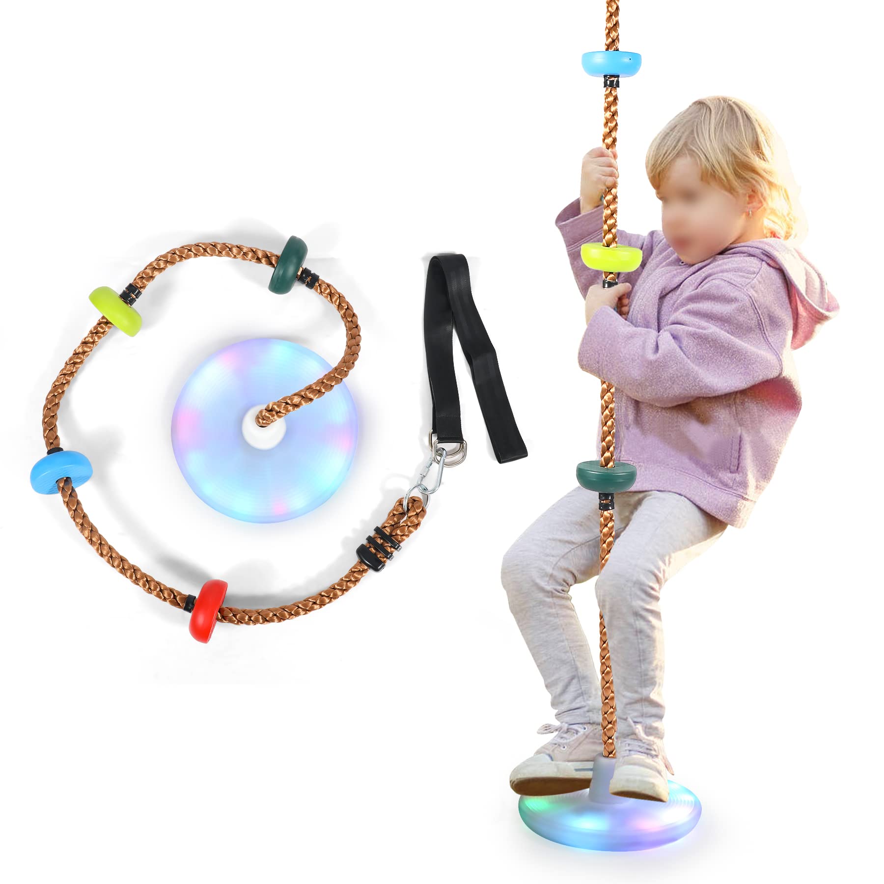 RedSwing LED Disc Swing for Kids,Tree Swing Climbing Rope with Platforms, Reliable and Secure Outdoor Round Swing for Backyard Multicolor
