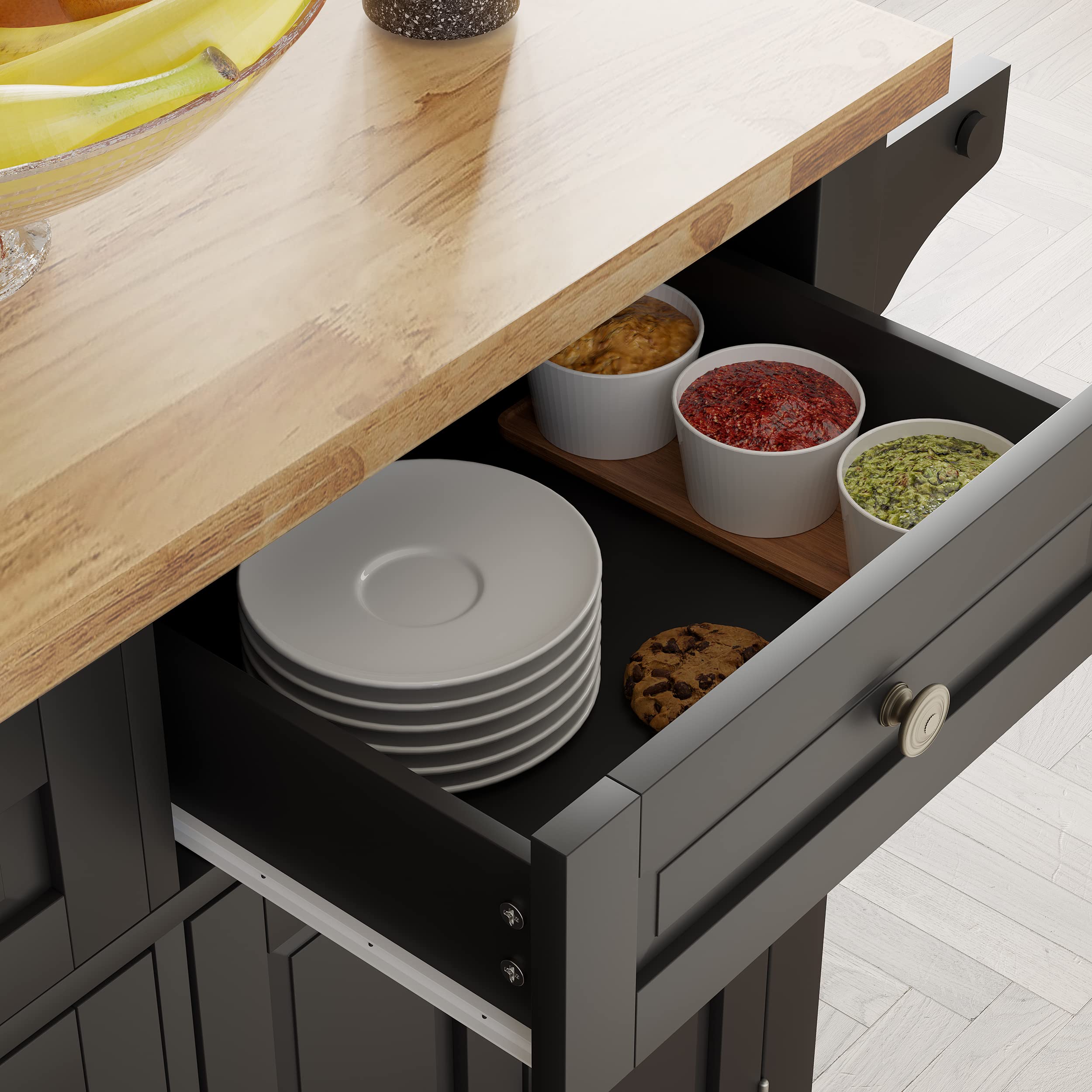 Squireewo Kitchen Cart with Rubber Wood Top Breakfast Bar, Rolling Mobile Kitchen Island Table on Wheels with Drawer and Storage Cabinet, Spice Rack, Towel Rack, Black
