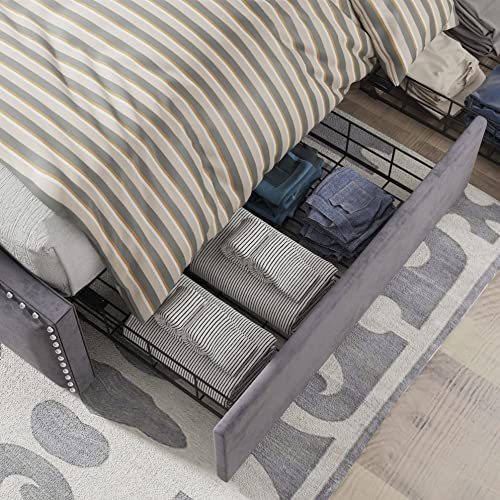 AMERLIFE King Size Bed Frame with 4 Storage Drawers and Headboard, King Velvet Upholstered Platform Bed with Rivet Curved Adjustable Headboard/Strong Wooden Slats/Easy Assembly/Grey