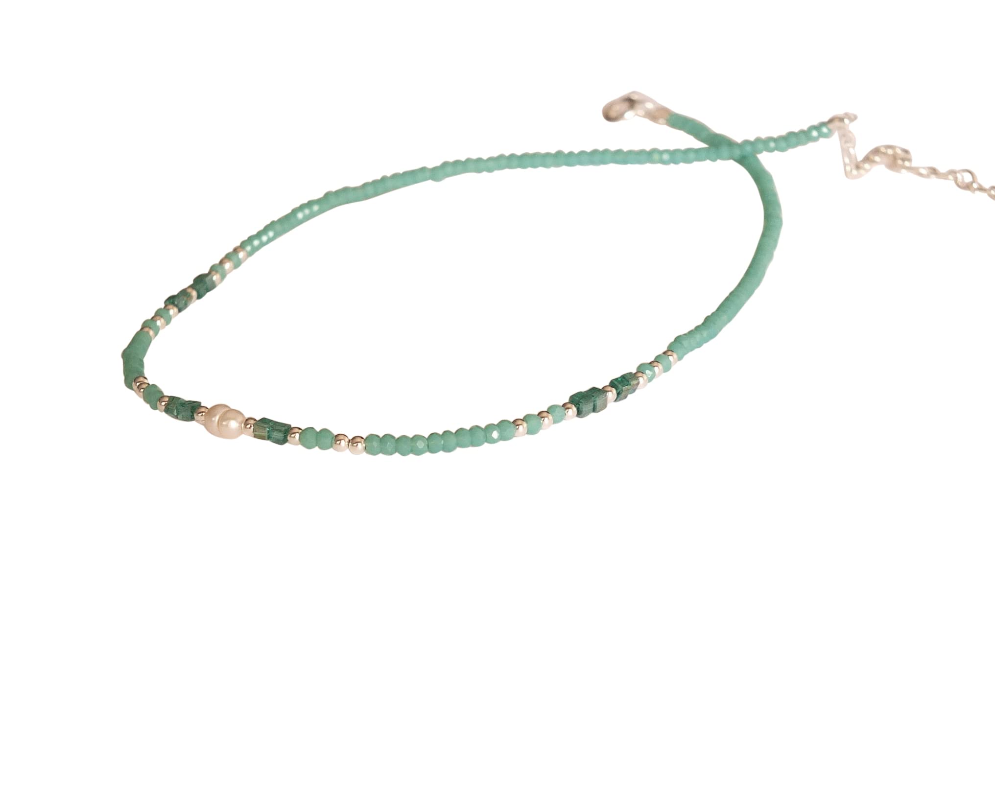 925 Sterling Silver Turquoise Color Glass Beaded & Pearl Choker Necklace for women, Length 13-17 inches / 32-41CM - Adjustable Small Dainty Necklace | Handmade by MiYa Jewelry creations