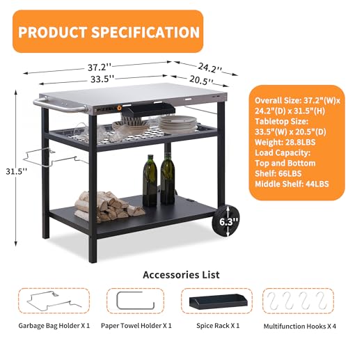 PIZZELLO Outdoor Grill Cart Three-Shelf Pizza Oven Stand Table with Wheels Dining Cart Table for Outside Patio, Movable Kitchen Cooking Prep Table BBQ Cart with 34"x 21" Stainless Steel Tabletop