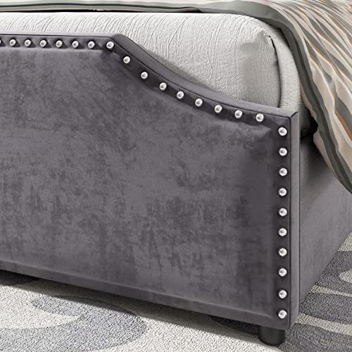 AMERLIFE King Size Bed Frame with 4 Storage Drawers and Headboard, King Velvet Upholstered Platform Bed with Rivet Curved Adjustable Headboard/Strong Wooden Slats/Easy Assembly/Grey