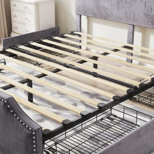 AMERLIFE King Size Bed Frame with 4 Storage Drawers and Headboard, King Velvet Upholstered Platform Bed with Rivet Curved Adjustable Headboard/Strong Wooden Slats/Easy Assembly/Grey