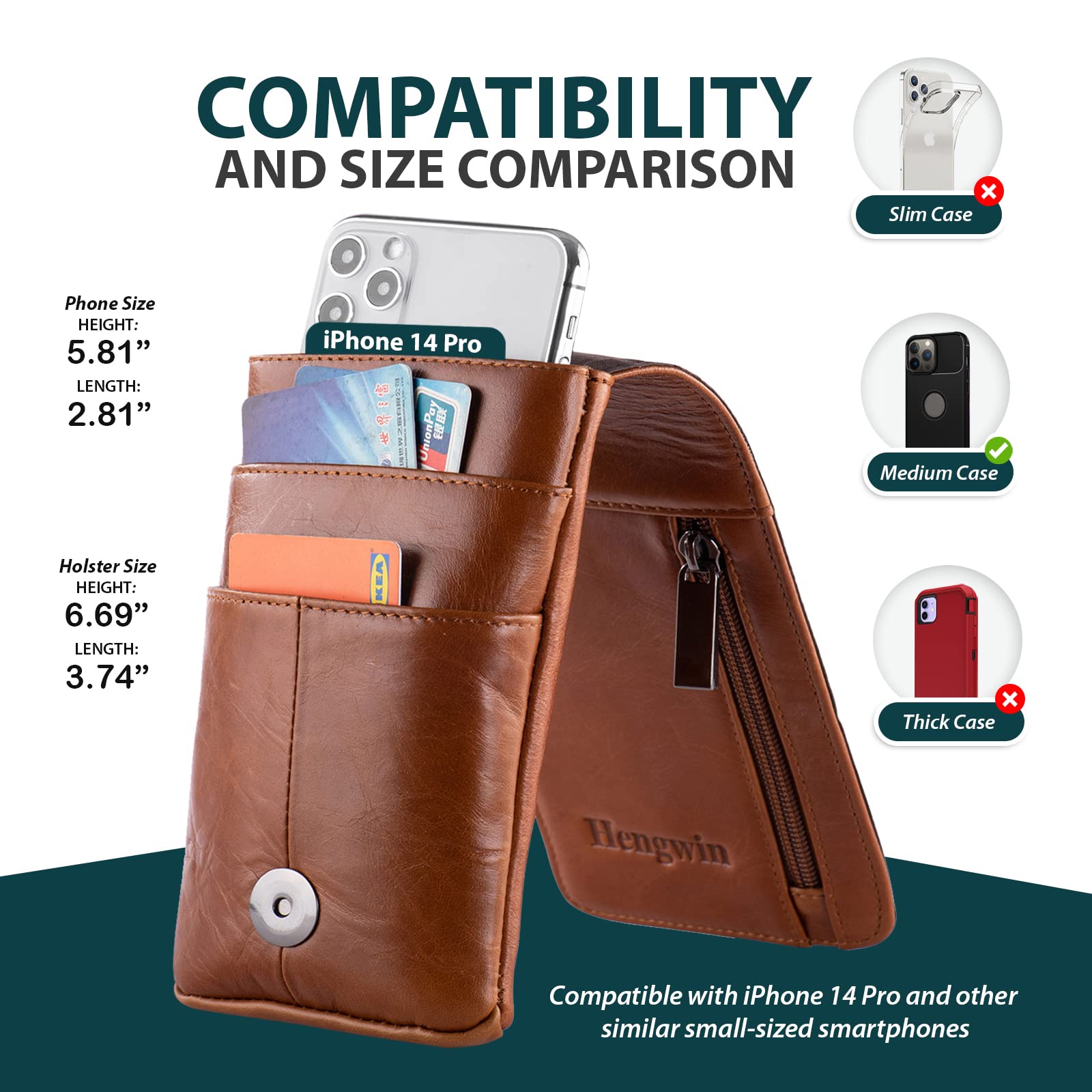Hengwin Phone Belt Pouch fits for iPhone XR 15 14 13 12 11 Pro S23 Holster Wallet Case with Belt Clip Belt Loop Leather Cell Phone Purse Belt Bag for Men (Fits for Phone with Medium Case on) (Brown)