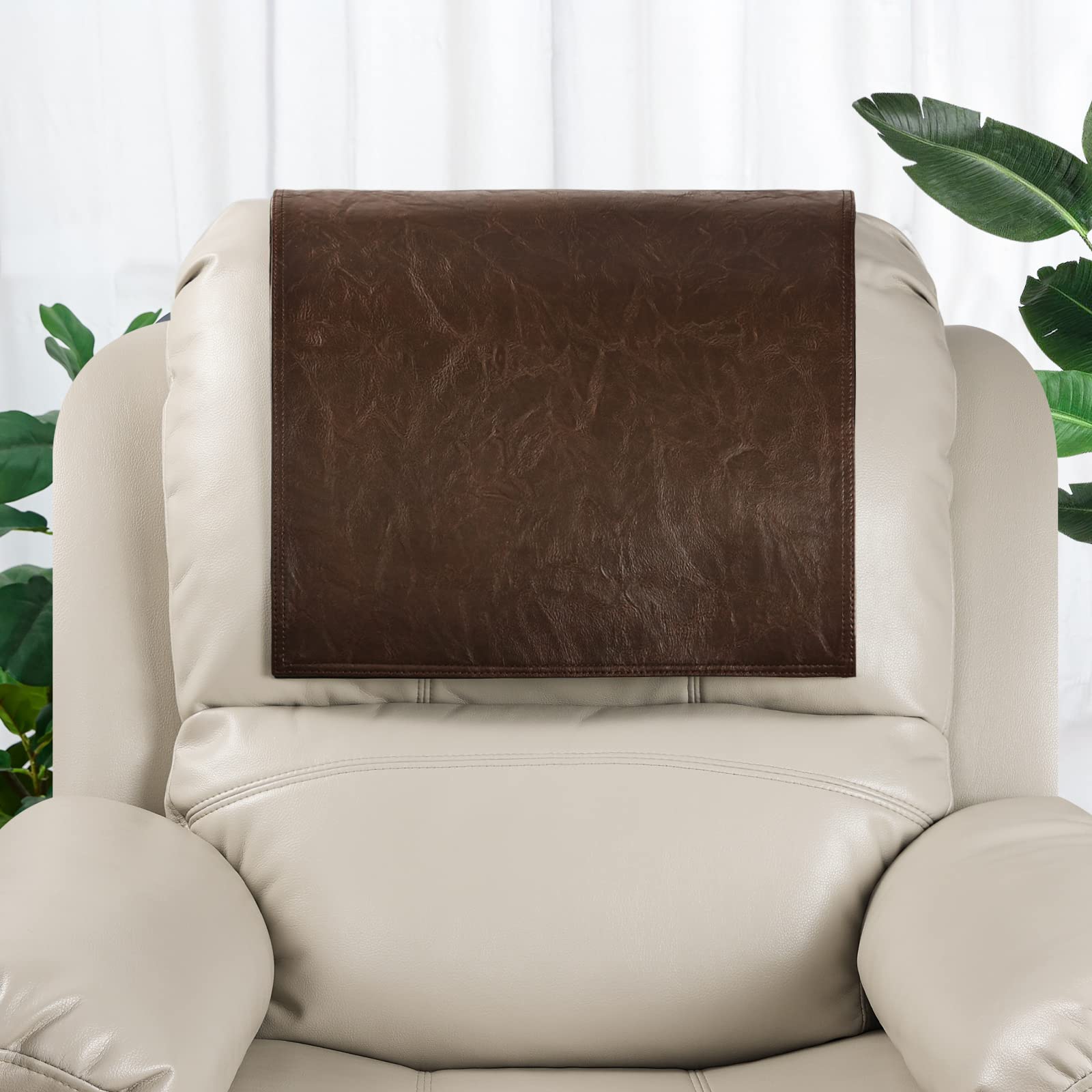 Premium Headrest Cover for Recliner Chair, Vinyl Leather furniture Sofa Headrest Covers, Flame Retardant Wear Resistant Recliner Headrest Cover for Office Chair Theater loveseat Seat, 17W*27L (Brown)
