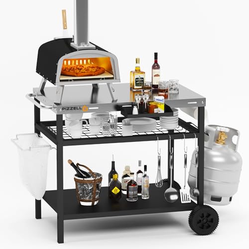 PIZZELLO Outdoor Grill Cart Three-Shelf Pizza Oven Stand Table with Wheels Dining Cart Table for Outside Patio, Movable Kitchen Cooking Prep Table BBQ Cart with 34"x 21" Stainless Steel Tabletop