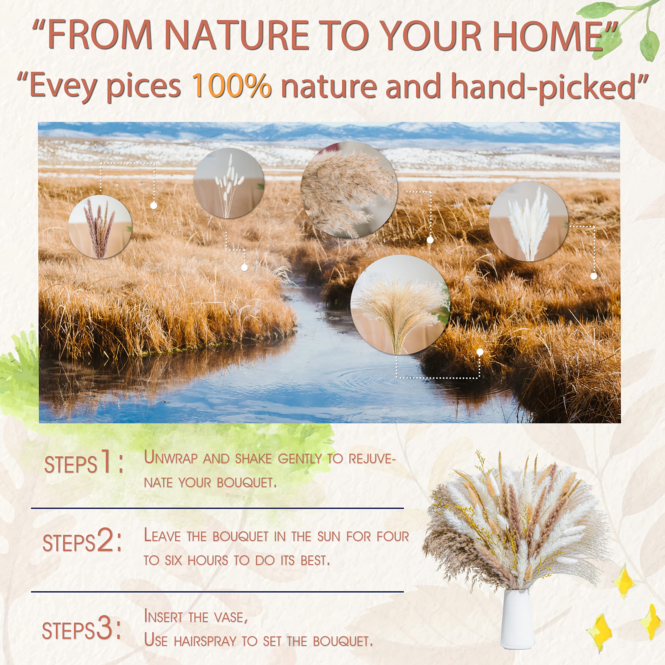 85PCS Natural Pampas Grass Bouquet | Boho & Western Wedding Decor Flowers Dried Pampas Grass Decor for Elegant Floral Arrangements, Home & Table Decorations