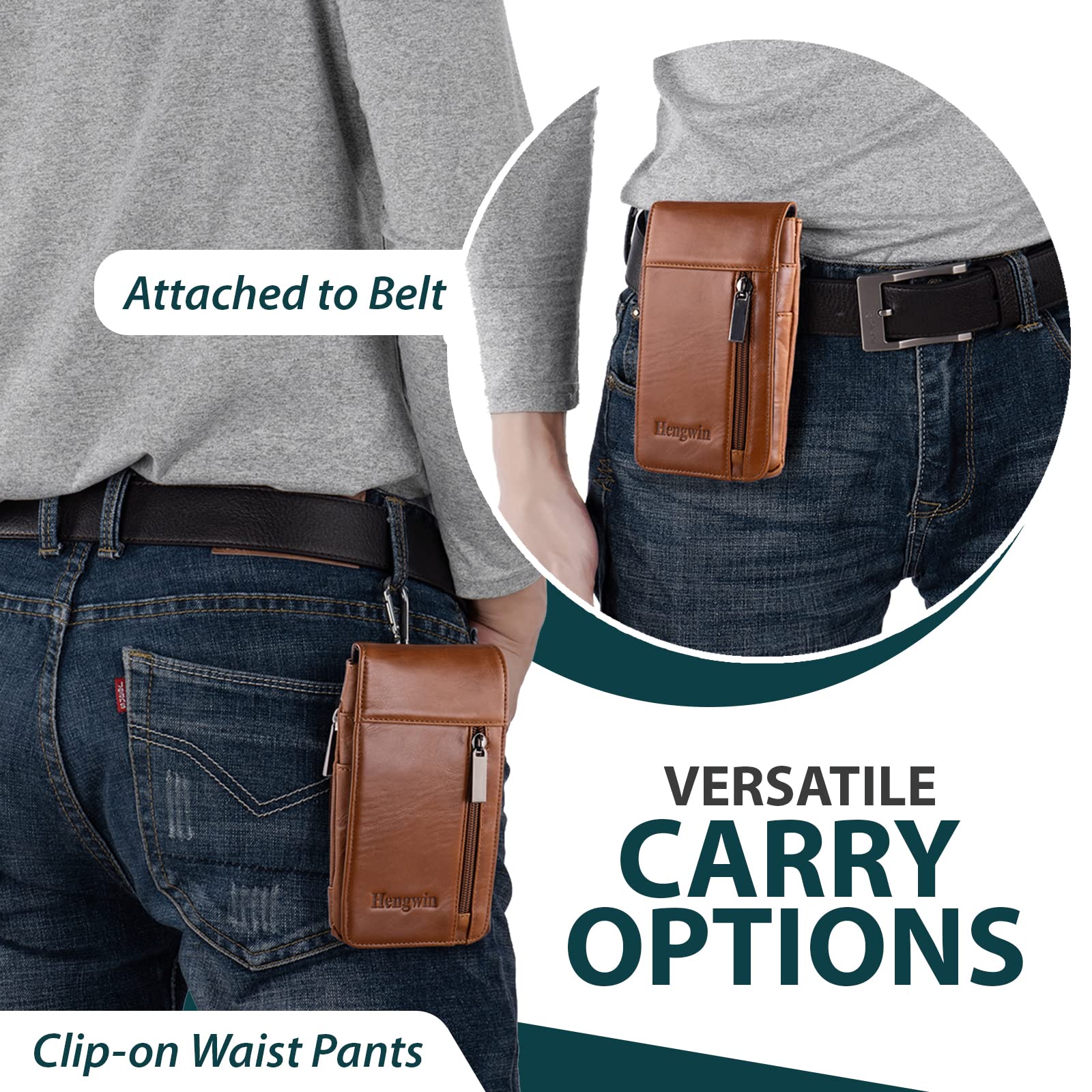Hengwin Phone Belt Pouch fits for iPhone XR 15 14 13 12 11 Pro S23 Holster Wallet Case with Belt Clip Belt Loop Leather Cell Phone Purse Belt Bag for Men (Fits for Phone with Medium Case on) (Brown)