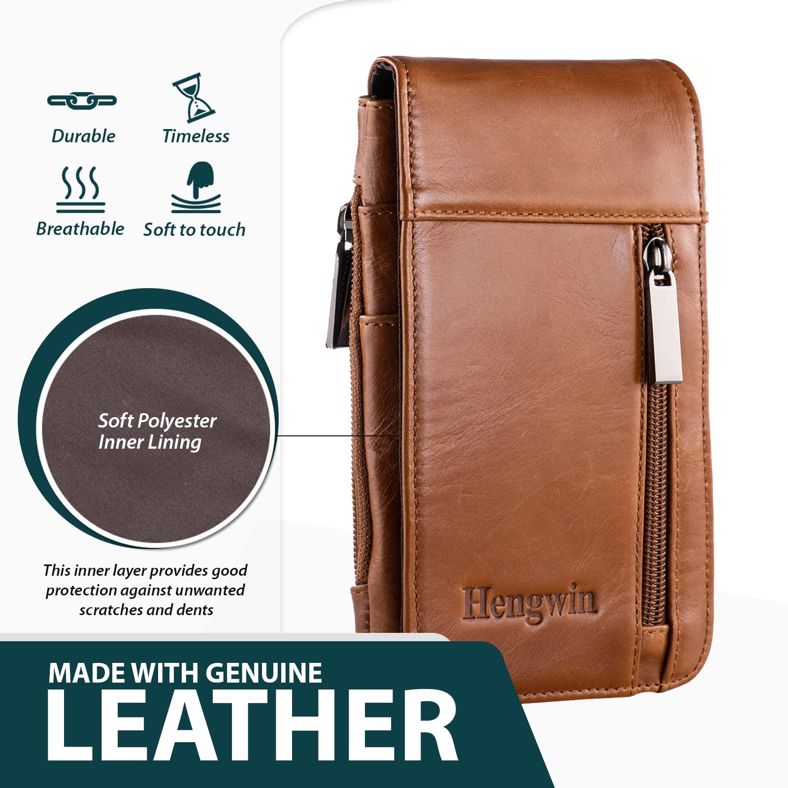 Hengwin Phone Belt Pouch fits for iPhone XR 15 14 13 12 11 Pro S23 Holster Wallet Case with Belt Clip Belt Loop Leather Cell Phone Purse Belt Bag for Men (Fits for Phone with Medium Case on) (Brown)