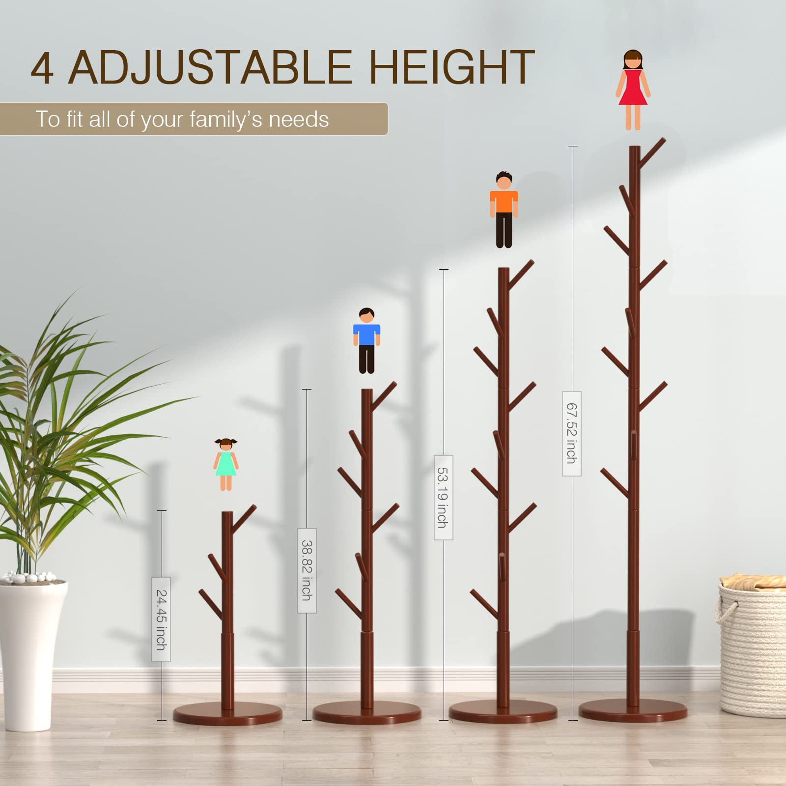 Wooden Coat Rack Freestanding Coat Tree with 4 Height Options and 9 Hooks, Sturdy Coat Rack Stand for Clothes/Bags/Hats, Easy Assemble Save Space for Entryway,Bedroom,Office,Narrow Place (Brown)
