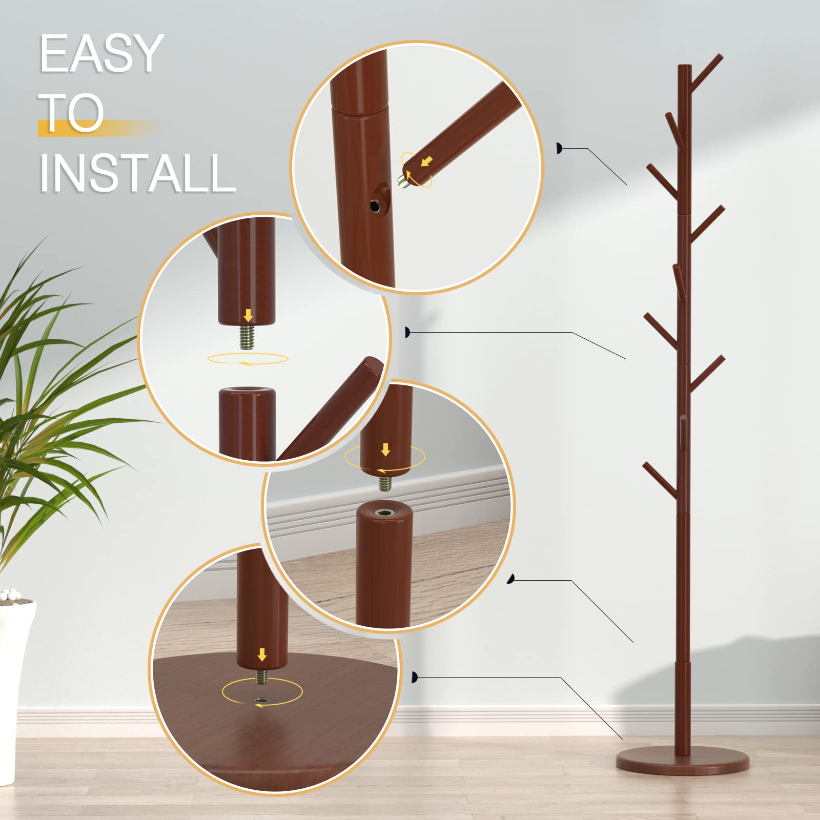 Wooden Coat Rack Freestanding Coat Tree with 4 Height Options and 9 Hooks, Sturdy Coat Rack Stand for Clothes/Bags/Hats, Easy Assemble Save Space for Entryway,Bedroom,Office,Narrow Place (Brown)