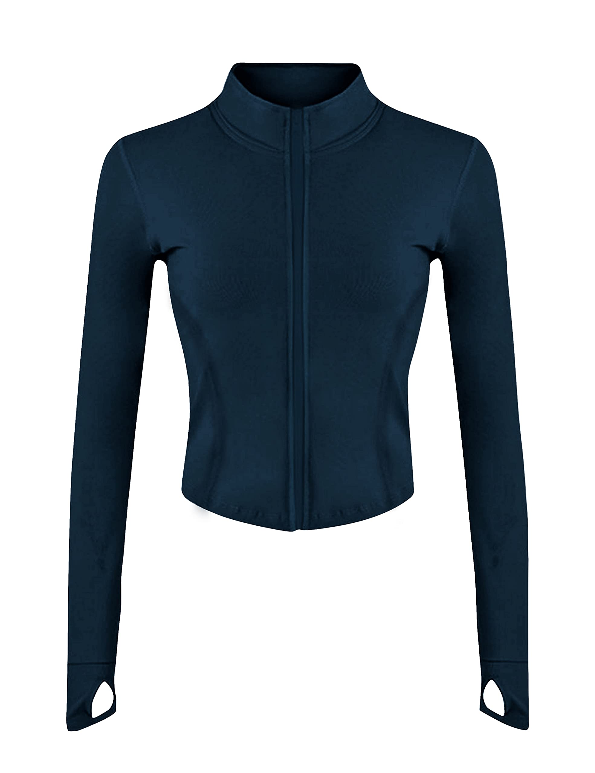 Tanming Women's Full Zip Seamless Workout Jacket Running Yoga Slim Fit Track Jacket (Navy-M)