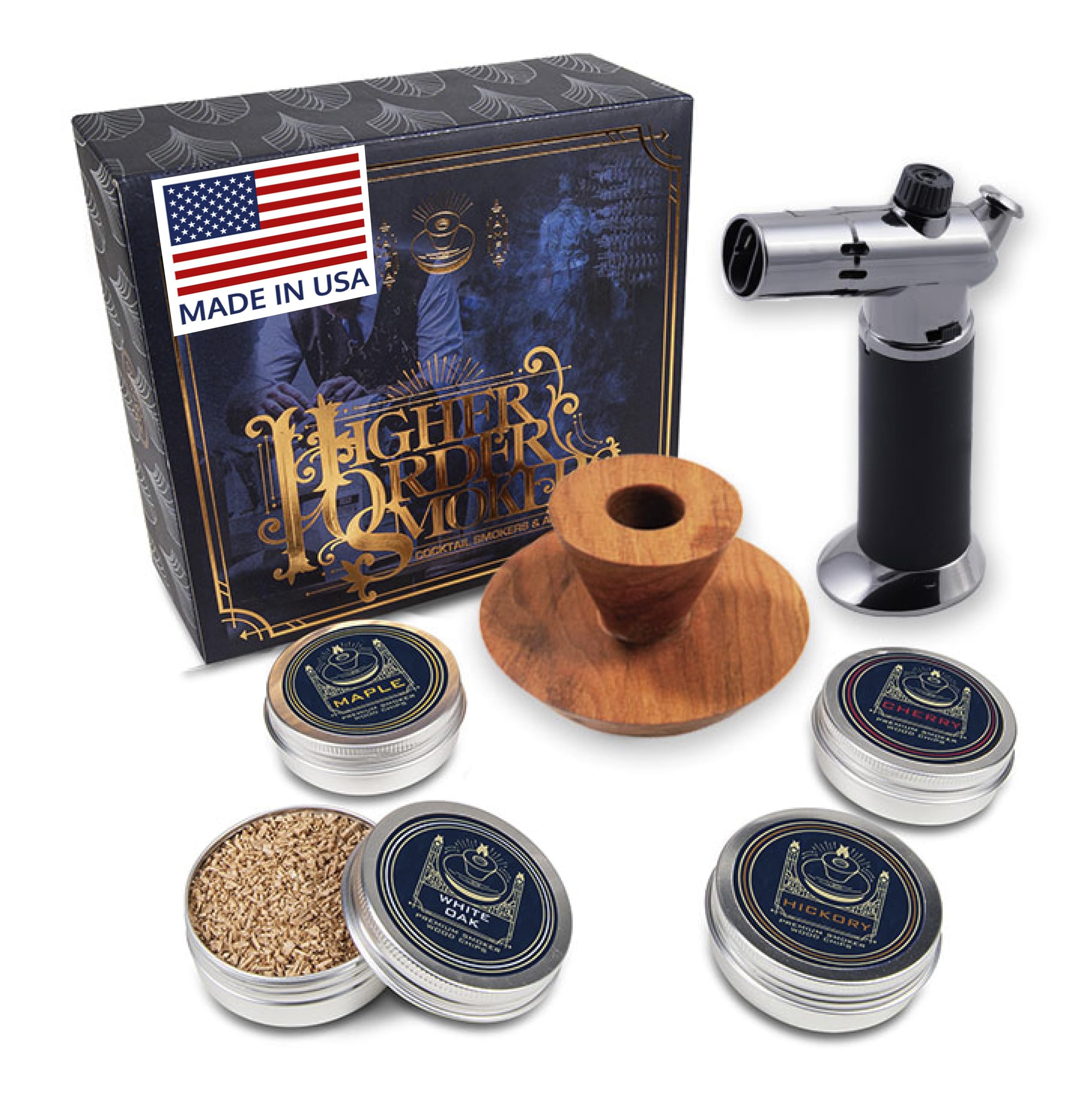 Higher Order Cocktail Smoker Kit -USA Handcrafted |Smoker, Turbo Torch, Woodchip Blend| Old Fashioned Chimney Drink Smoker for Cocktails, Whiskey Smoker Kit Bourbon Smoker Kit Smoke Infuser (Cherry)