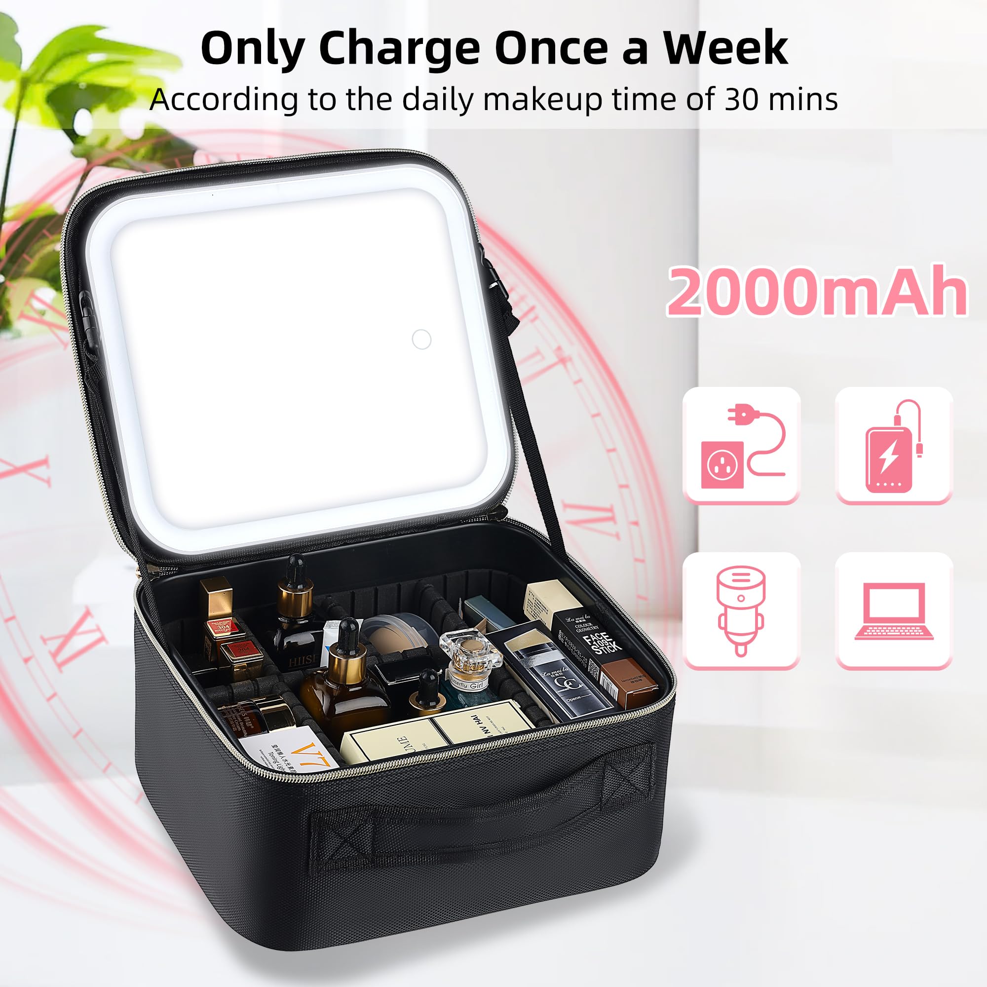 ZhenGuiRu Makeup Bag with LED Mirror, Portable Makeup Artist Organizer Case with Lighted Mirror, Travel Makeup Bag for Cosmetic Brush Holder Storage, White Makeup Bag Gift for Women
