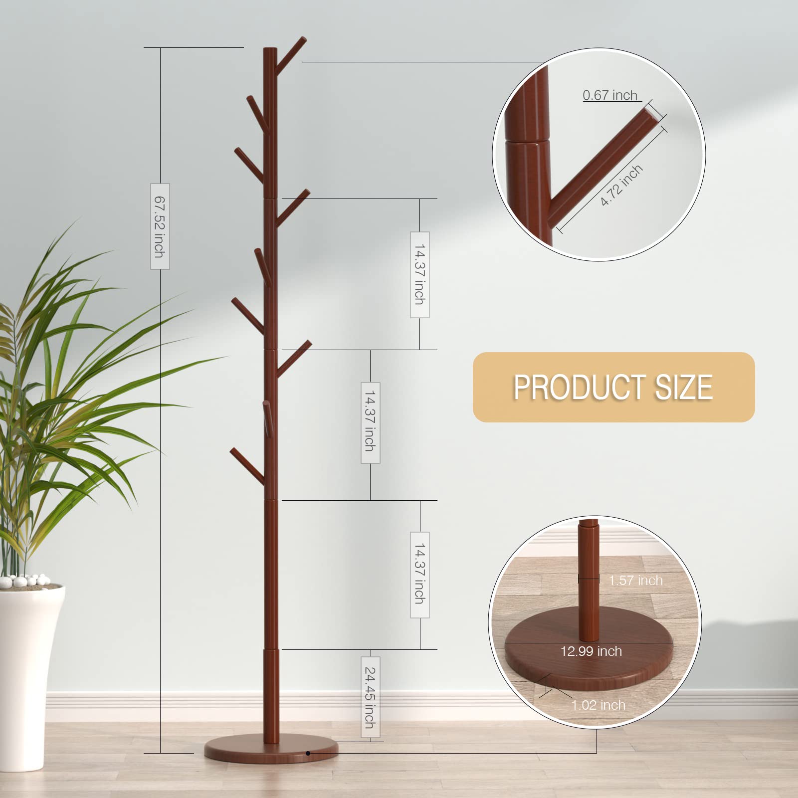 Wooden Coat Rack Freestanding Coat Tree with 4 Height Options and 9 Hooks, Sturdy Coat Rack Stand for Clothes/Bags/Hats, Easy Assemble Save Space for Entryway,Bedroom,Office,Narrow Place (Brown)