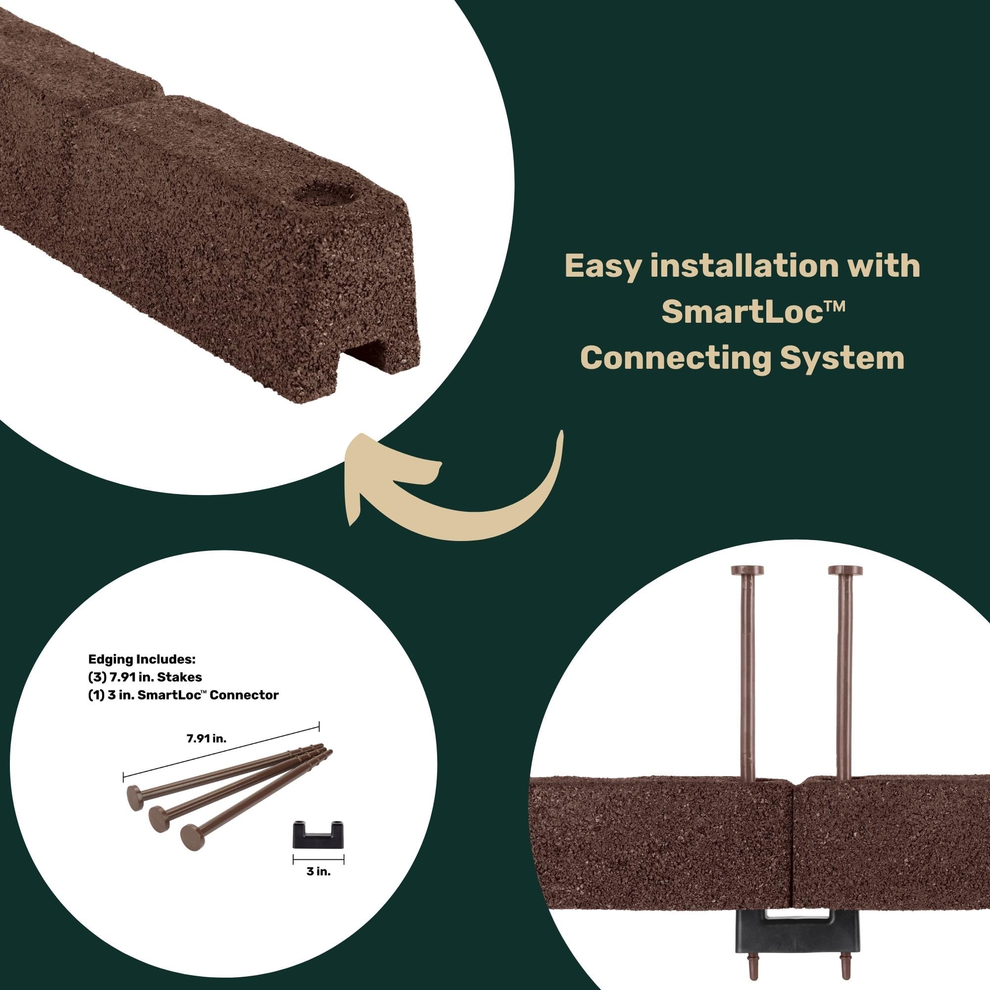 Rubberific 4' Rubber Cobblestone Flexible No Dig Landscape Mulch Border Edging with Anchoring Spikes for Lawns, Gardens, and Flower Beds - 4 Pack (Brown)