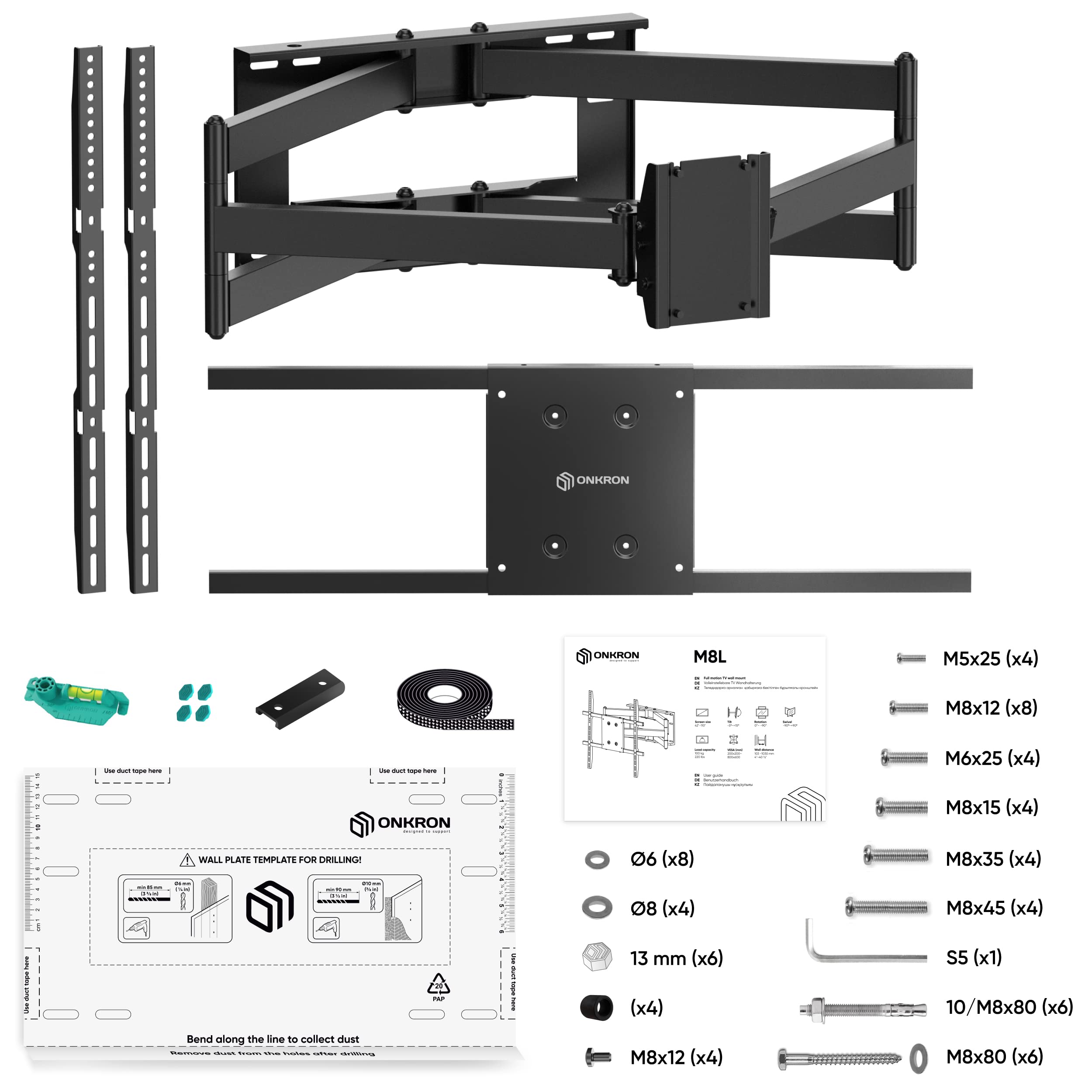 ONKRON Heavy Duty TV Wall Mount for 42-110 Inch TVs & Interactive Panels up to 220 lbs - Full Motion Swivel & Tilt, Black